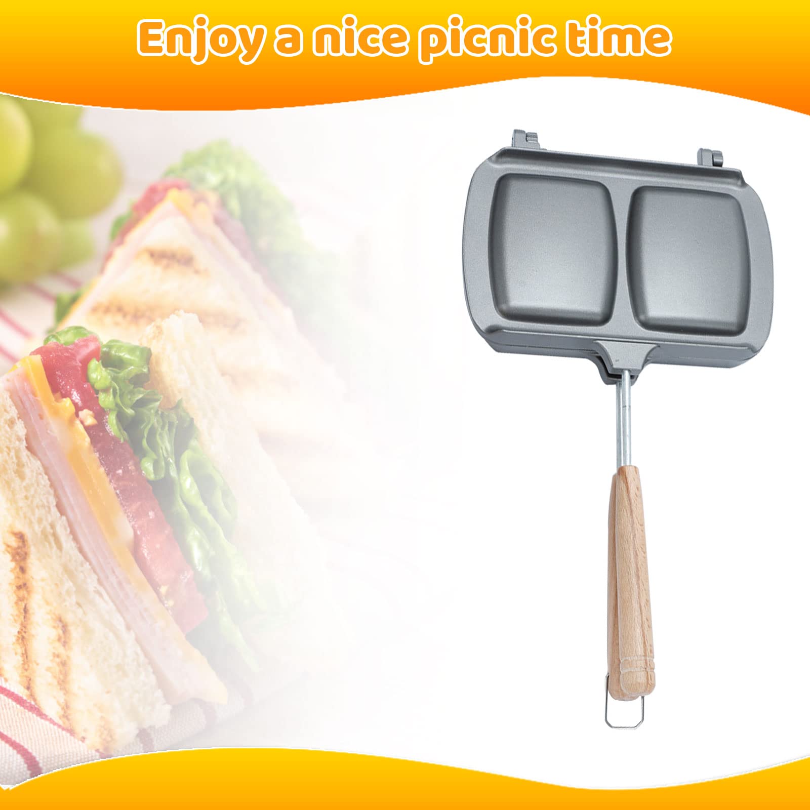 Double-Sided Sandwich Baking Pan, Double Sided Frying Pan, Sandwich Grill Gas Stove Grilled Cheese Maker Nonstick Sandwich Maker Flip Grill Pan for Breakfast Pancakes, Removable Handle (Style 2)