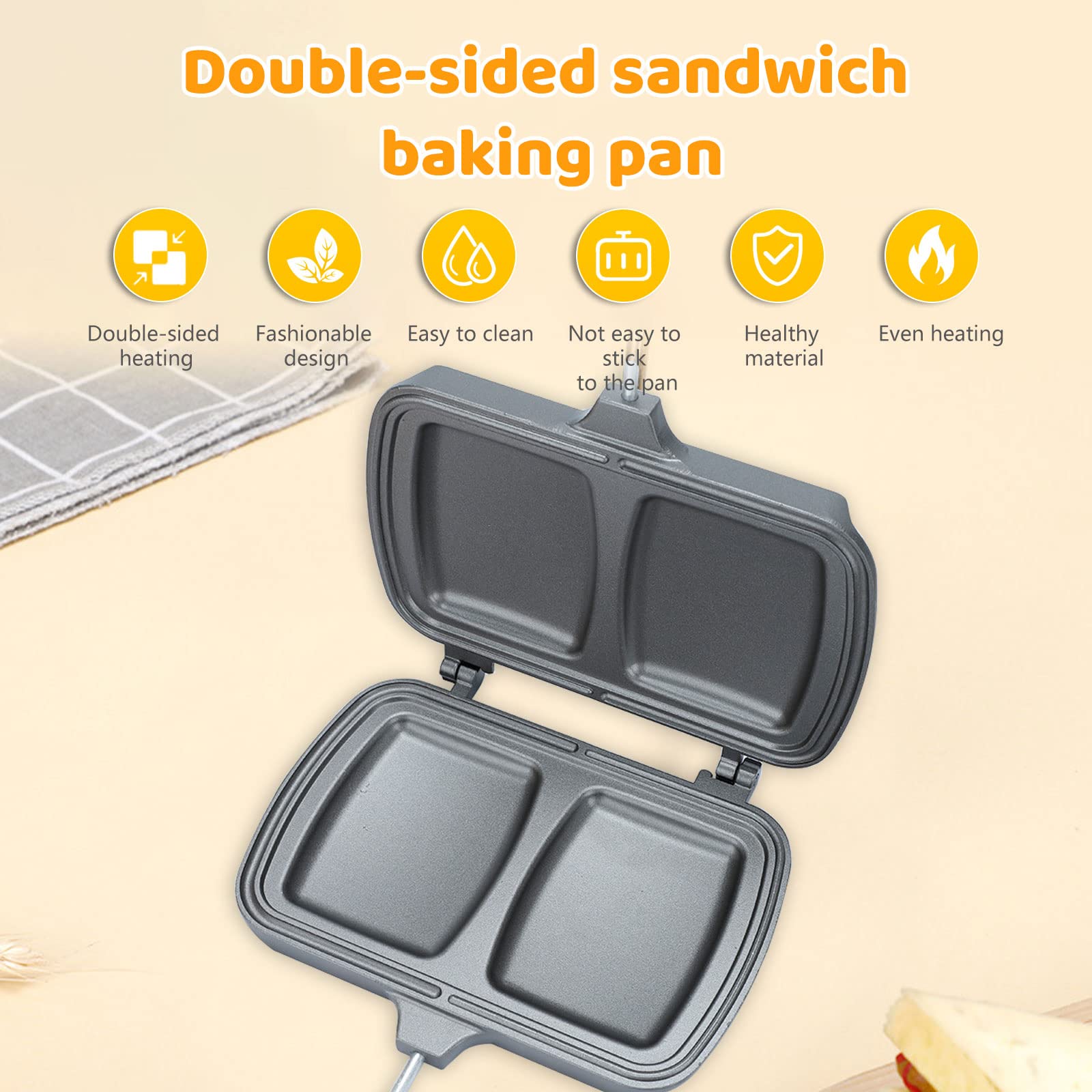 Double-Sided Sandwich Baking Pan, Double Sided Frying Pan, Sandwich Grill Gas Stove Grilled Cheese Maker Nonstick Sandwich Maker Flip Grill Pan for Breakfast Pancakes, Removable Handle (Style 2)