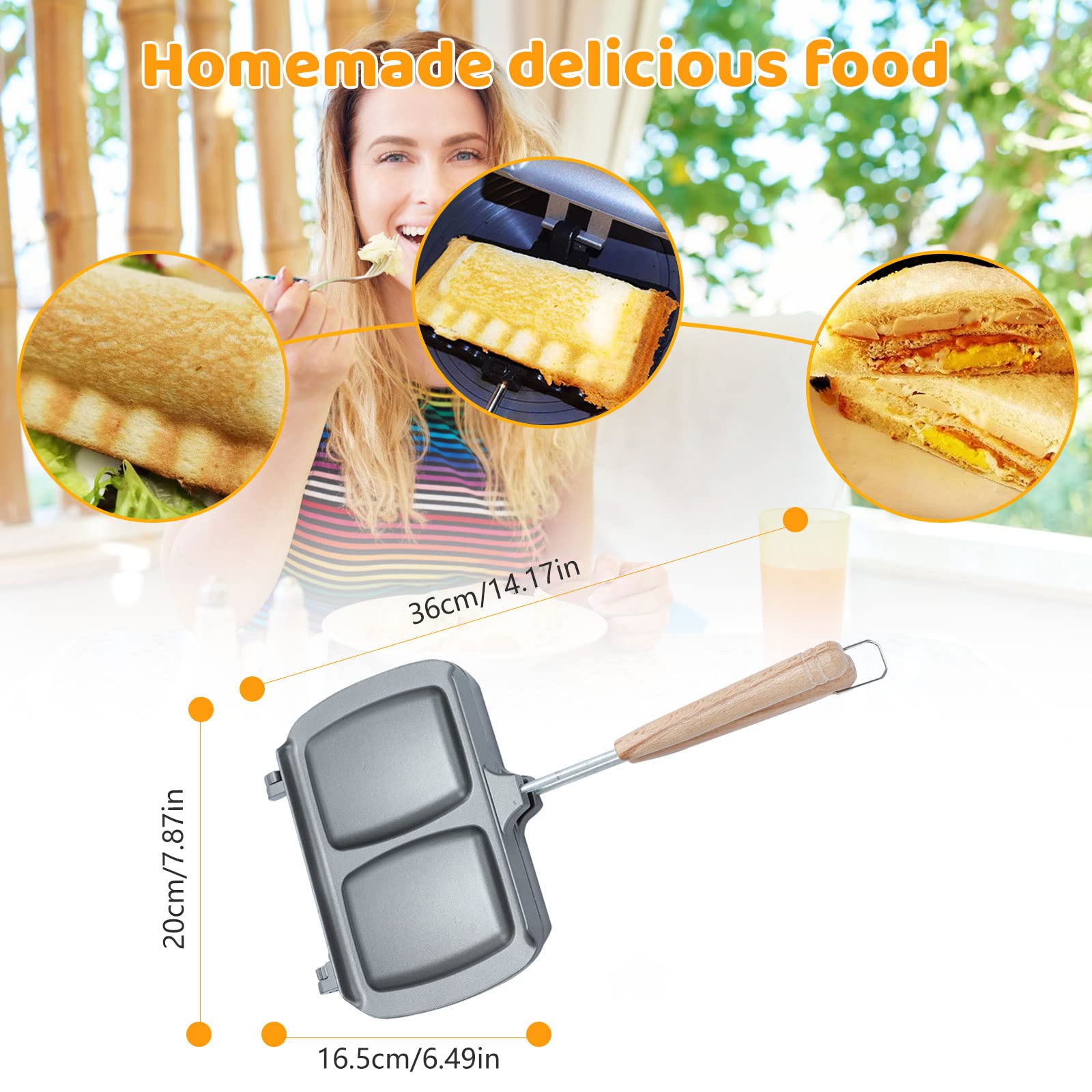 Double-Sided Sandwich Baking Pan, Double Sided Frying Pan, Sandwich Grill Gas Stove Grilled Cheese Maker Nonstick Sandwich Maker Flip Grill Pan for Breakfast Pancakes, Removable Handle (Style 2)