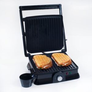 chef buddy non-stick panini press indoor grill and gourmet sandwich maker, electric with nonstick plates, 12.5”x 11" x 5”, black