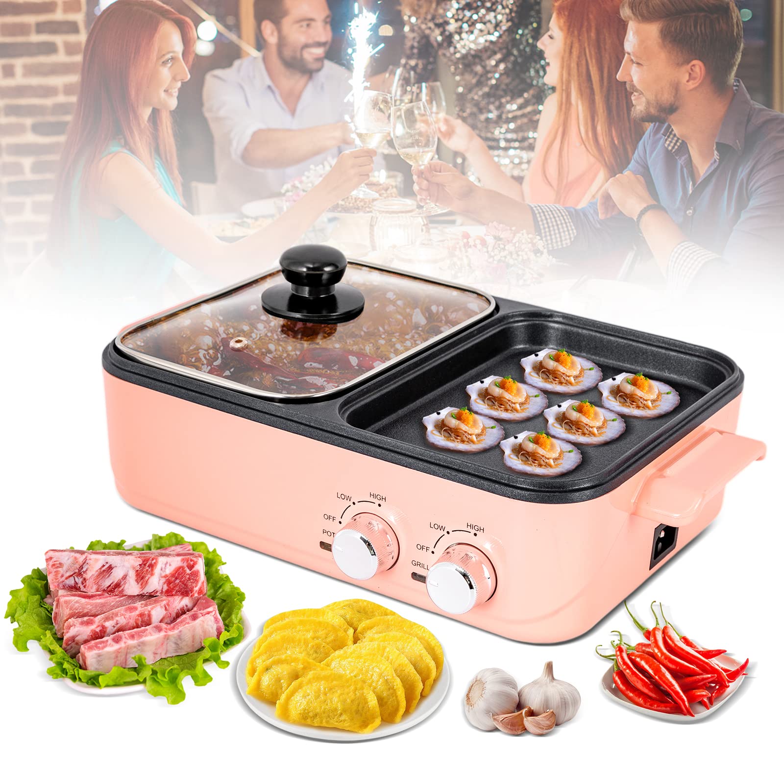 Electric Grill with Hot Pot-2 In 1 Multifunction Nonstick Griddle and Hot Pot-Independent Temperature Control,Portable Multifunctional Smokeless Korean BBQ Grill-Fast Heating-2L-Pink