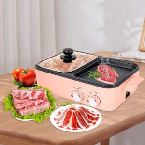 Electric Grill with Hot Pot-2 In 1 Multifunction Nonstick Griddle and Hot Pot-Independent Temperature Control,Portable Multifunctional Smokeless Korean BBQ Grill-Fast Heating-2L-Pink