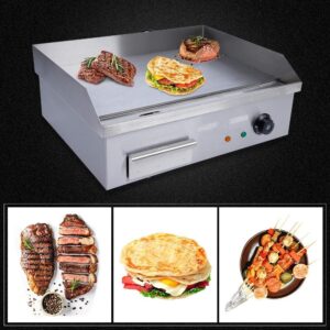 Electric Countertop Flat Top Griddle Non-Stick Commercial Electric Griddles Restaurant Teppanyaki Grill Stainless Steel Adjustable Temperature Control 122°F-572°F, Silver, 110V 1500W, 21.57 * 13.77in