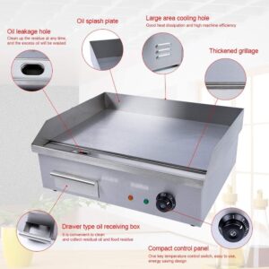 Electric Countertop Flat Top Griddle Non-Stick Commercial Electric Griddles Restaurant Teppanyaki Grill Stainless Steel Adjustable Temperature Control 122°F-572°F, Silver, 110V 1500W, 21.57 * 13.77in