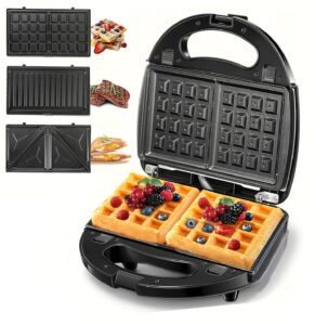 5-in-1 belgian waffle maker, 750w power sandwich maker, non stick panini press grill, 2-slice compact toaster, electric grilled cheese maker, 3 detachable plates, led indicator lights, suitable for breakfast & snacks