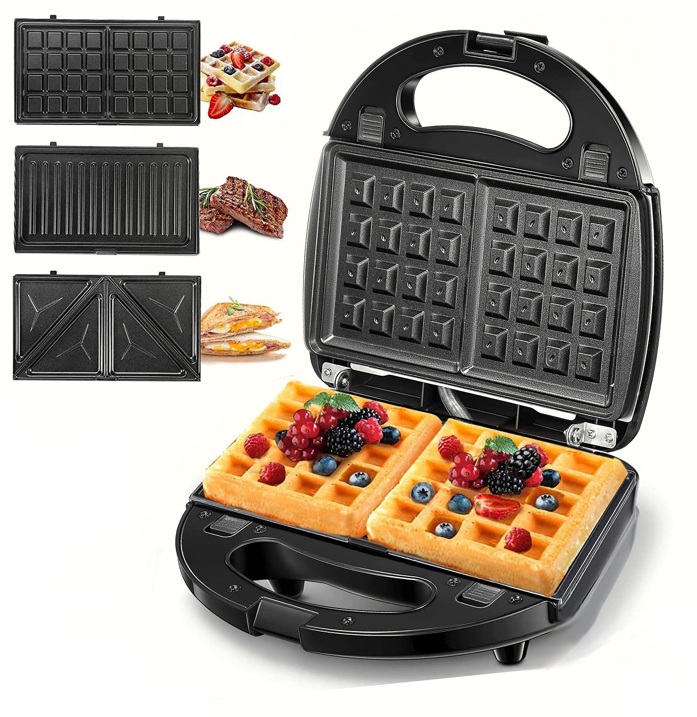 5-in-1 Belgian Waffle Maker, 750W Power Sandwich Maker, Non Stick Panini Press Grill, 2-Slice Compact Toaster, Electric Grilled Cheese Maker, 3 Detachable Plates, LED Indicator Lights, Suitable for Breakfast & Snacks