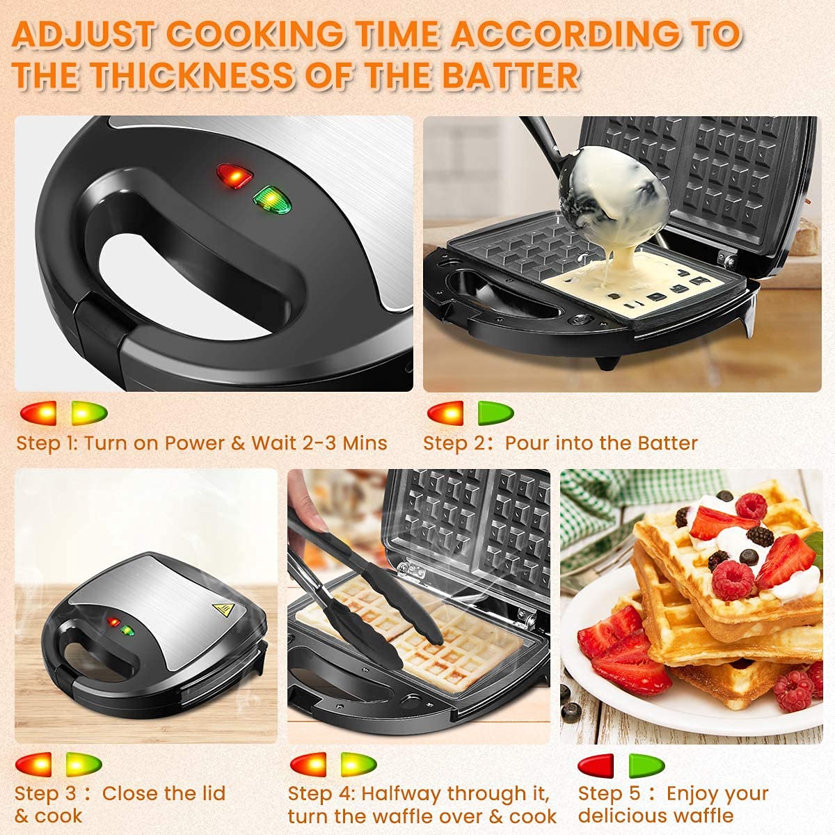 5-in-1 Belgian Waffle Maker, 750W Power Sandwich Maker, Non Stick Panini Press Grill, 2-Slice Compact Toaster, Electric Grilled Cheese Maker, 3 Detachable Plates, LED Indicator Lights, Suitable for Breakfast & Snacks