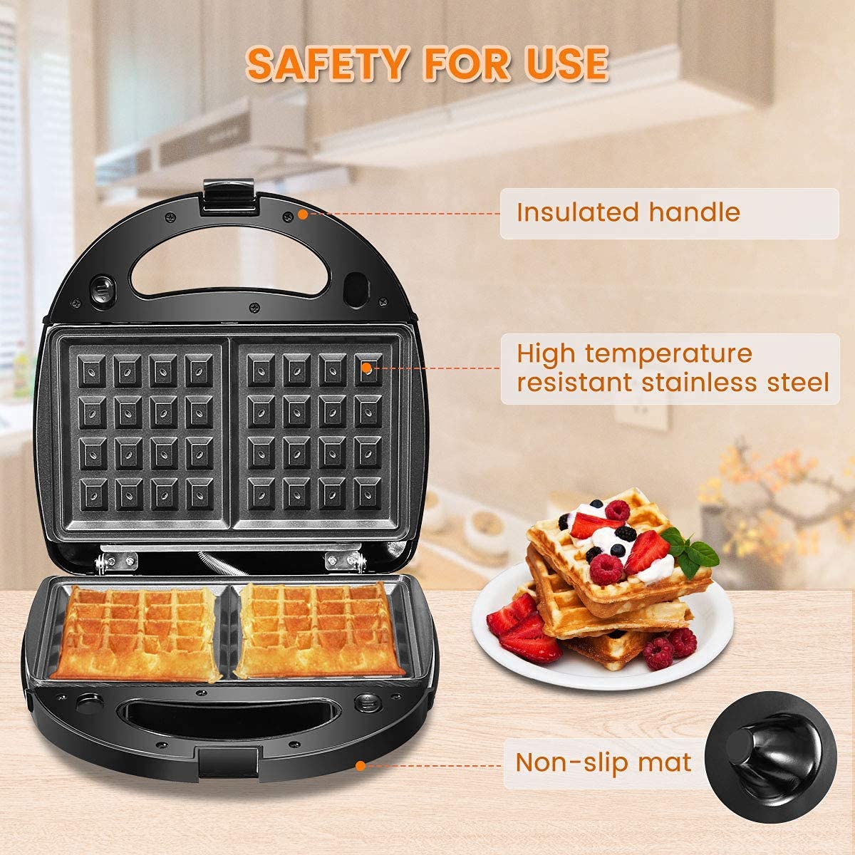 5-in-1 Belgian Waffle Maker, 750W Power Sandwich Maker, Non Stick Panini Press Grill, 2-Slice Compact Toaster, Electric Grilled Cheese Maker, 3 Detachable Plates, LED Indicator Lights, Suitable for Breakfast & Snacks