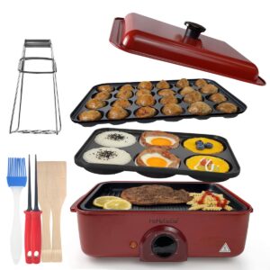 hehogogo 3 in 1 multifunctional electric griddle electric skillet nonstick baking maker with 3 interchangeable pan takoyaki maker cake pop maker pancake maker red