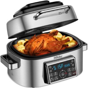 bbday 10-in-1 electric indoor grill combo, with 6.5 qt air fryer, roast, bake and dehydrate, 1660w, stainless steel