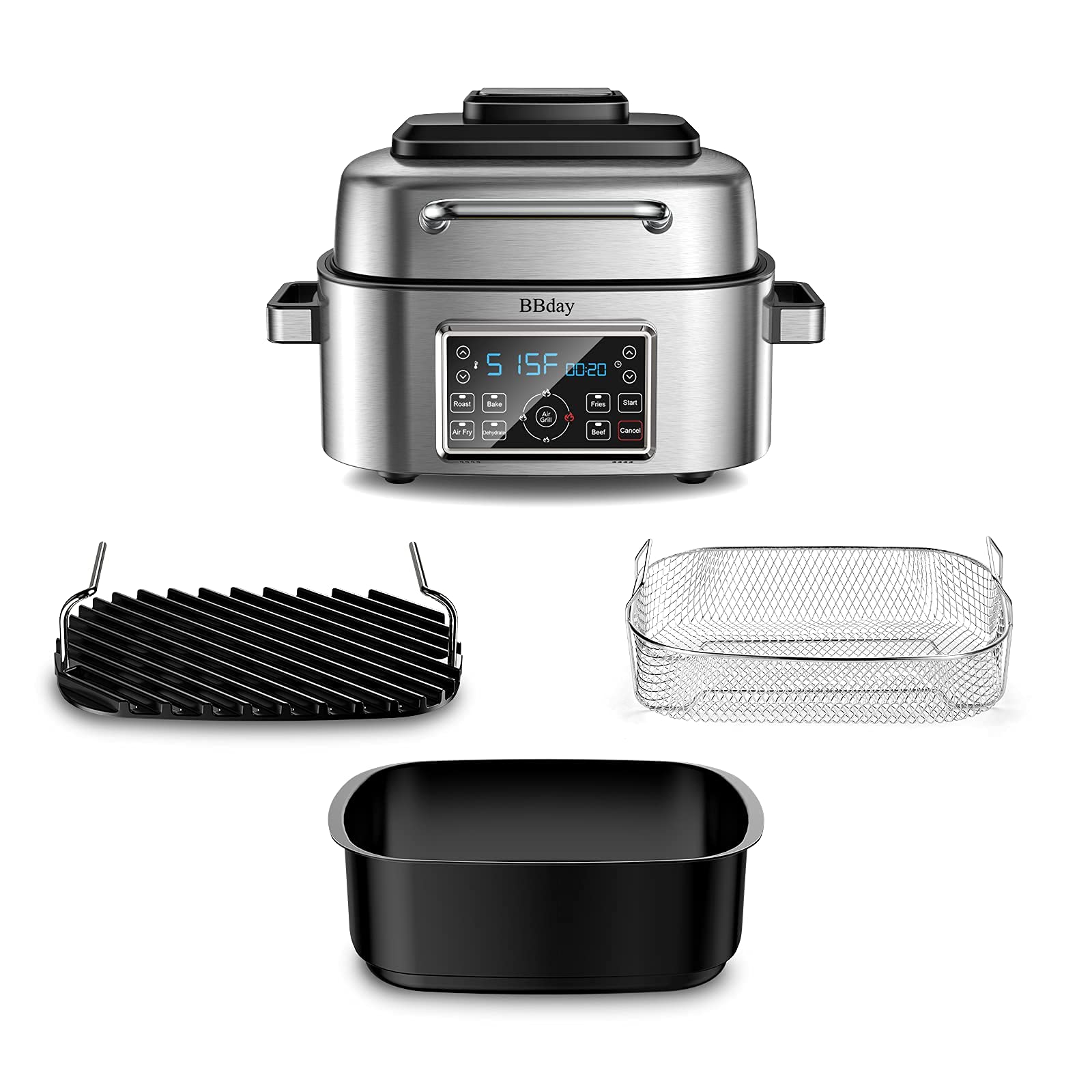 BBday 10-in-1 Electric Indoor Grill Combo, with 6.5 QT Air Fryer, Roast, Bake and Dehydrate, 1660W, Stainless Steel