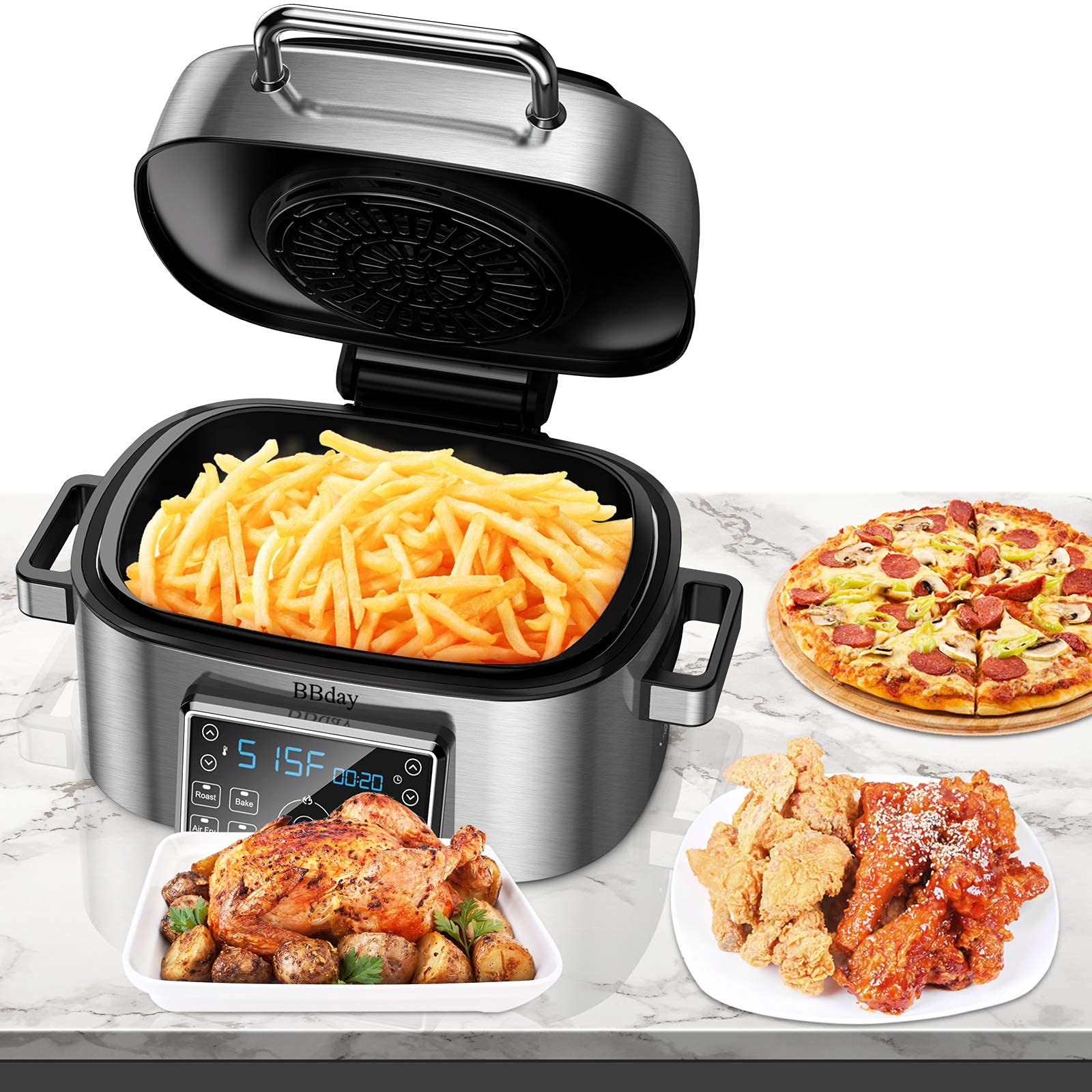 BBday 10-in-1 Electric Indoor Grill Combo, with 6.5 QT Air Fryer, Roast, Bake and Dehydrate, 1660W, Stainless Steel