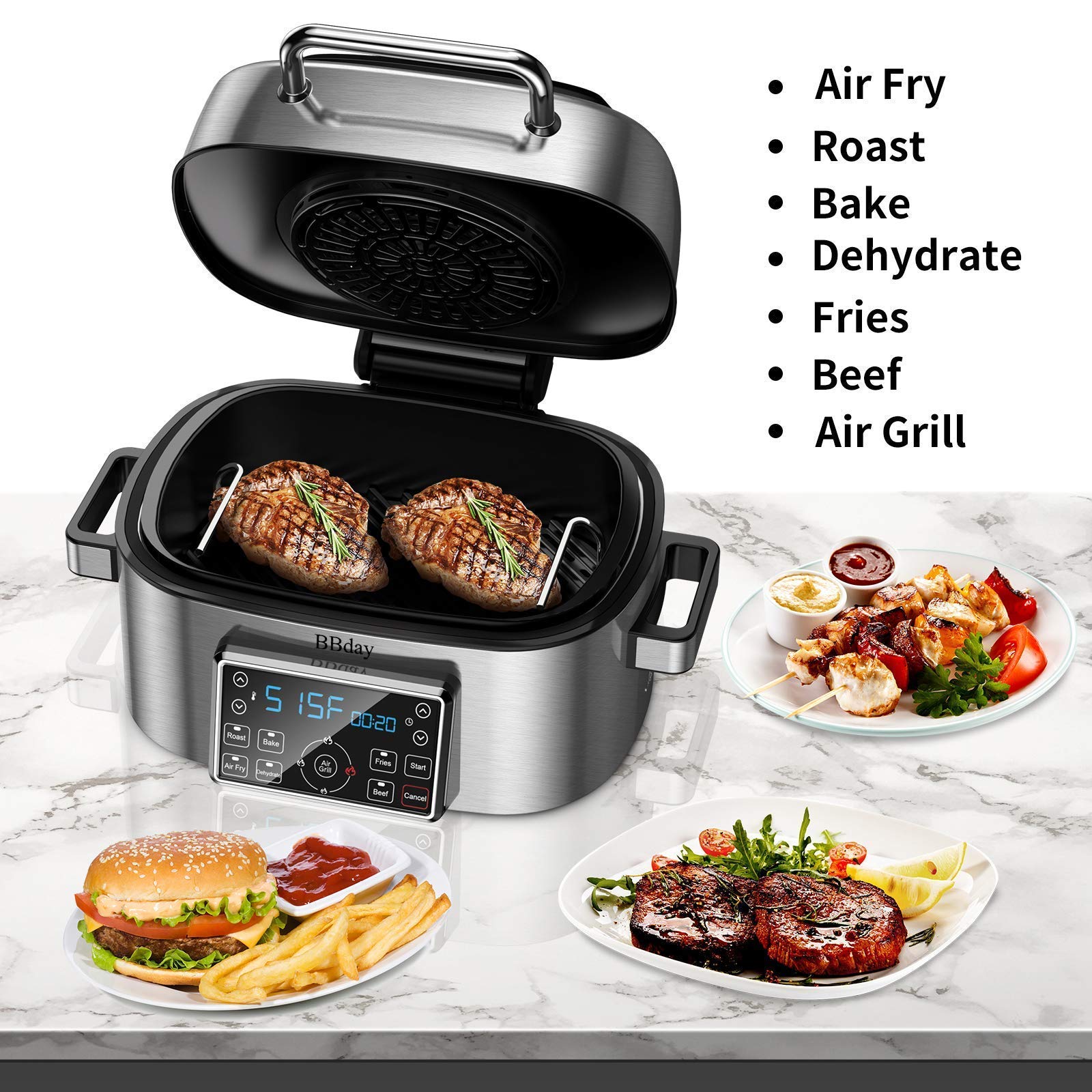 BBday 10-in-1 Electric Indoor Grill Combo, with 6.5 QT Air Fryer, Roast, Bake and Dehydrate, 1660W, Stainless Steel