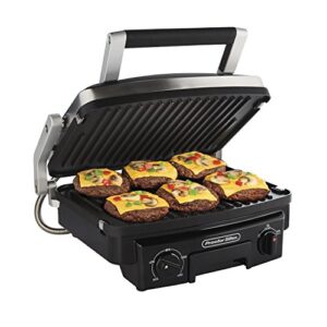 proctor silex 5-in-1 electric indoor grill, griddle & panini press, opens flat to double cooking space, reversible nonstick plates, stainless steel (25340r)