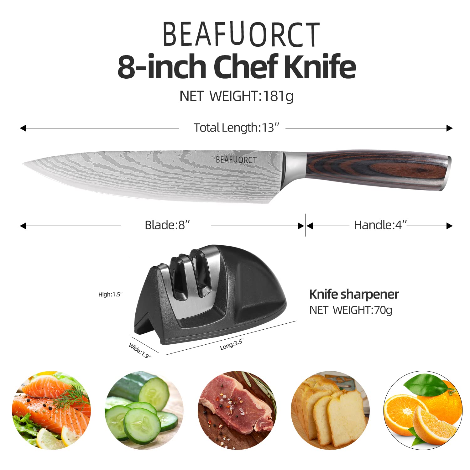 BEAFUORCT 8inch Stainless Steel Chef Knife Set Professional Japanese Chefs Knife and Knife Sharpener with Gift Box