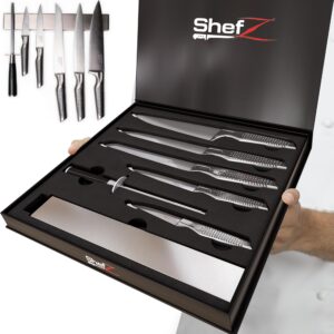 7 pcs ultra sharp kitchen chef knife set with magnetic strip, sharpener and gift box - professional stainless steel cooking knives set for cutting meat & vegetable, great for gift