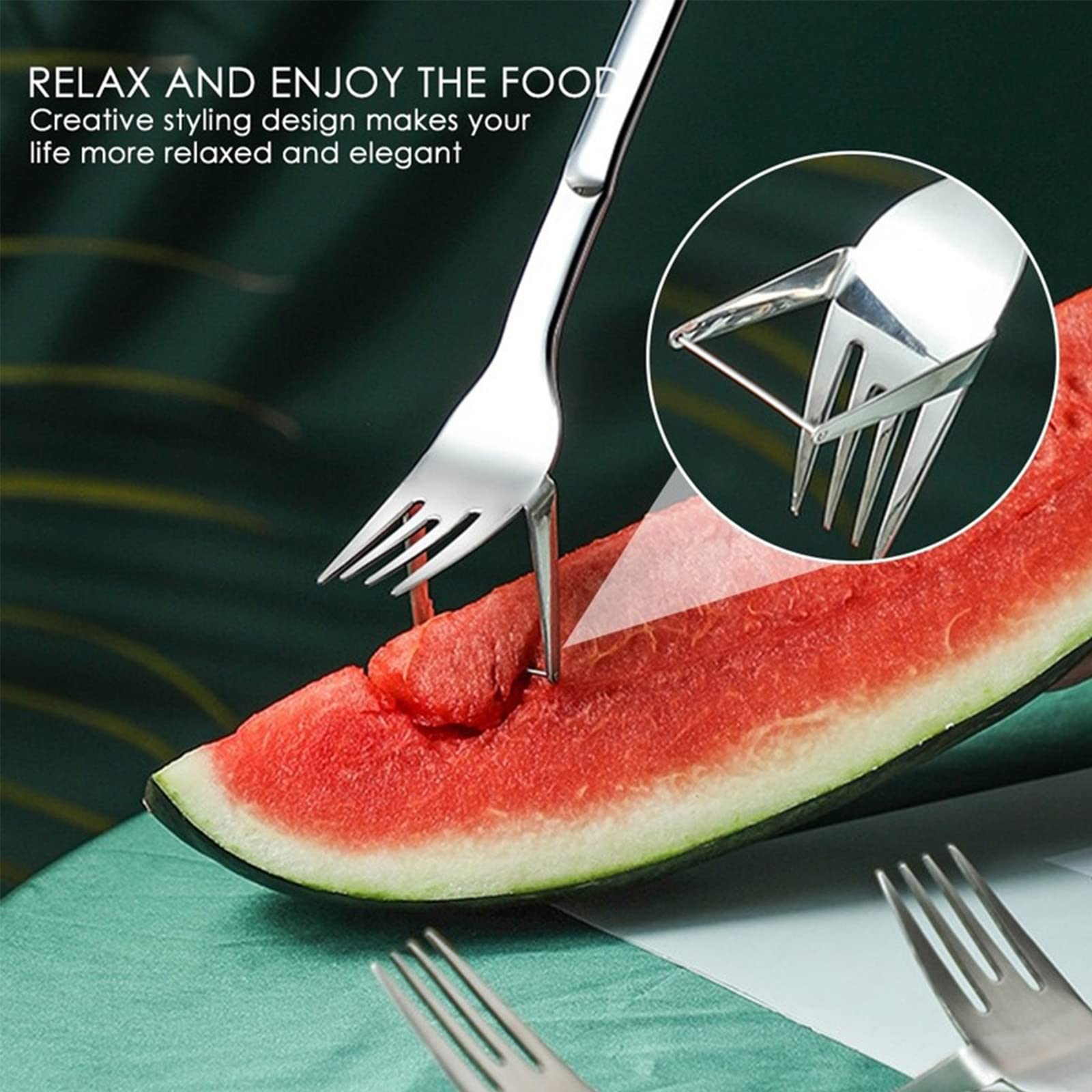 2 in 1 Fruit Fork, Stainless Steel Watermelon Fork Slicer, Durable Watermelon Forks, Fruit Knife Cutting Tool, for Kitchen Party Camping, Sliver