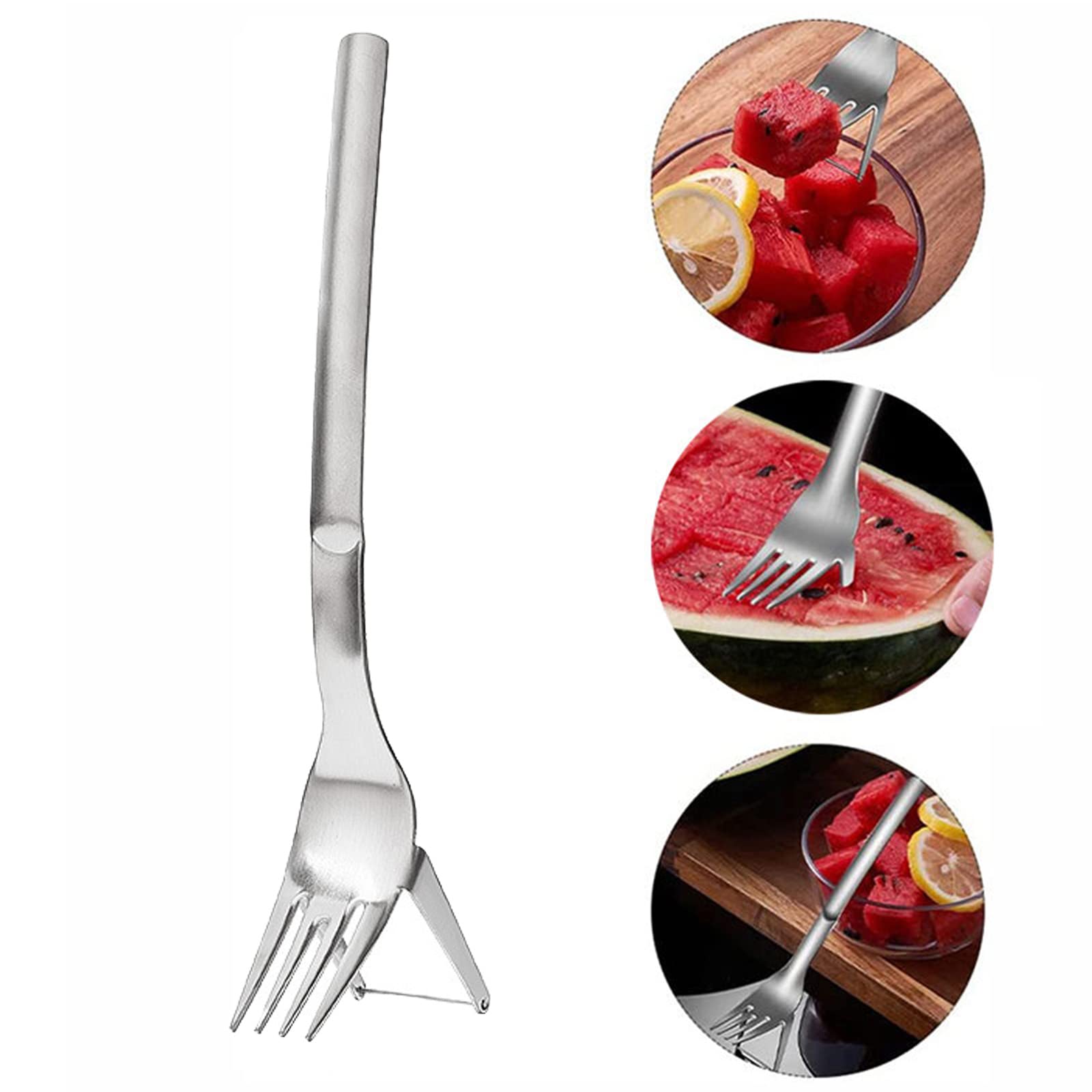 2 in 1 Fruit Fork, Stainless Steel Watermelon Fork Slicer, Durable Watermelon Forks, Fruit Knife Cutting Tool, for Kitchen Party Camping, Sliver