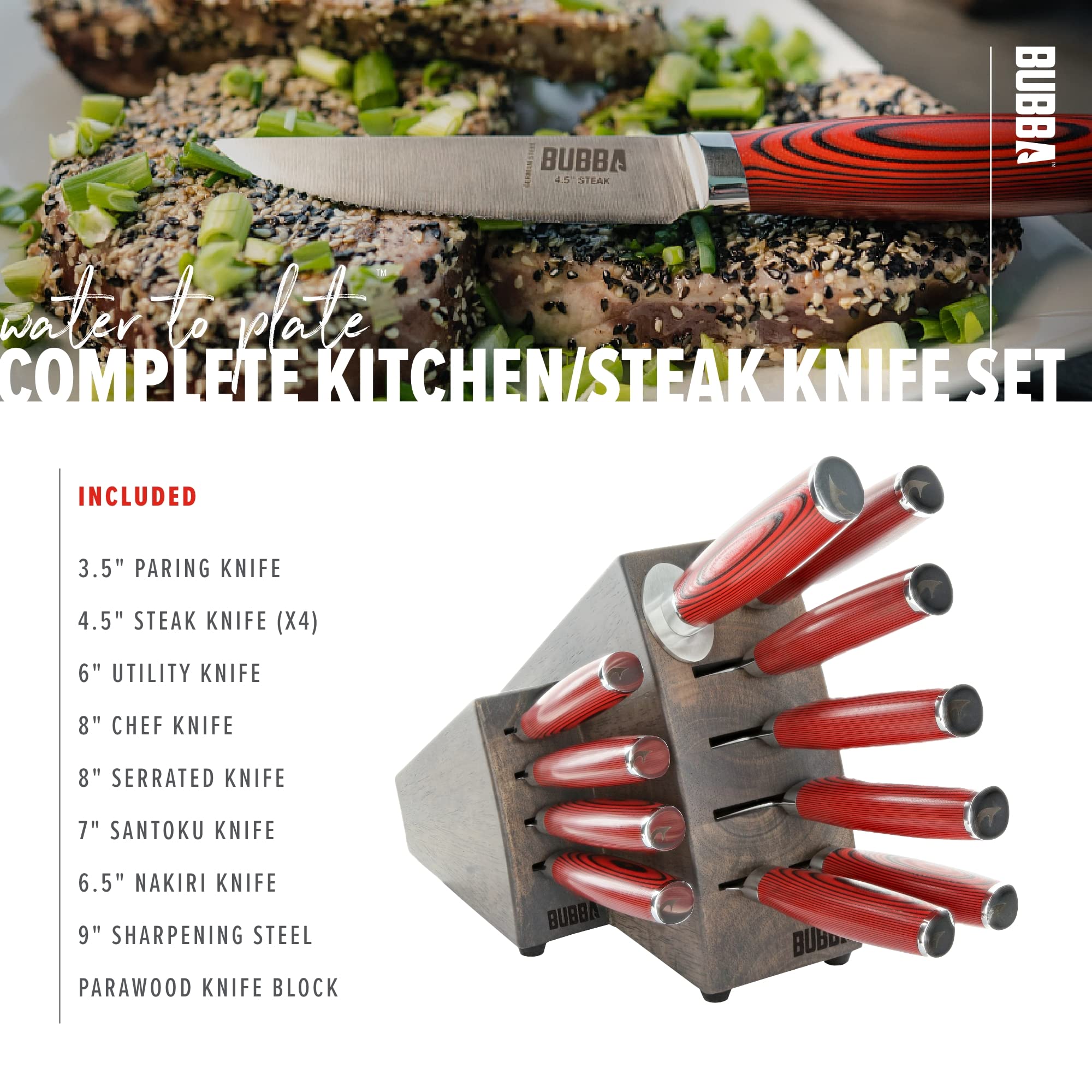 BUBBA Complete Kitchen and Steak Knife Set for all your kitchen cutting needs with G10 Handles, Premium German Stainless Steel and a Parawood Knife Block