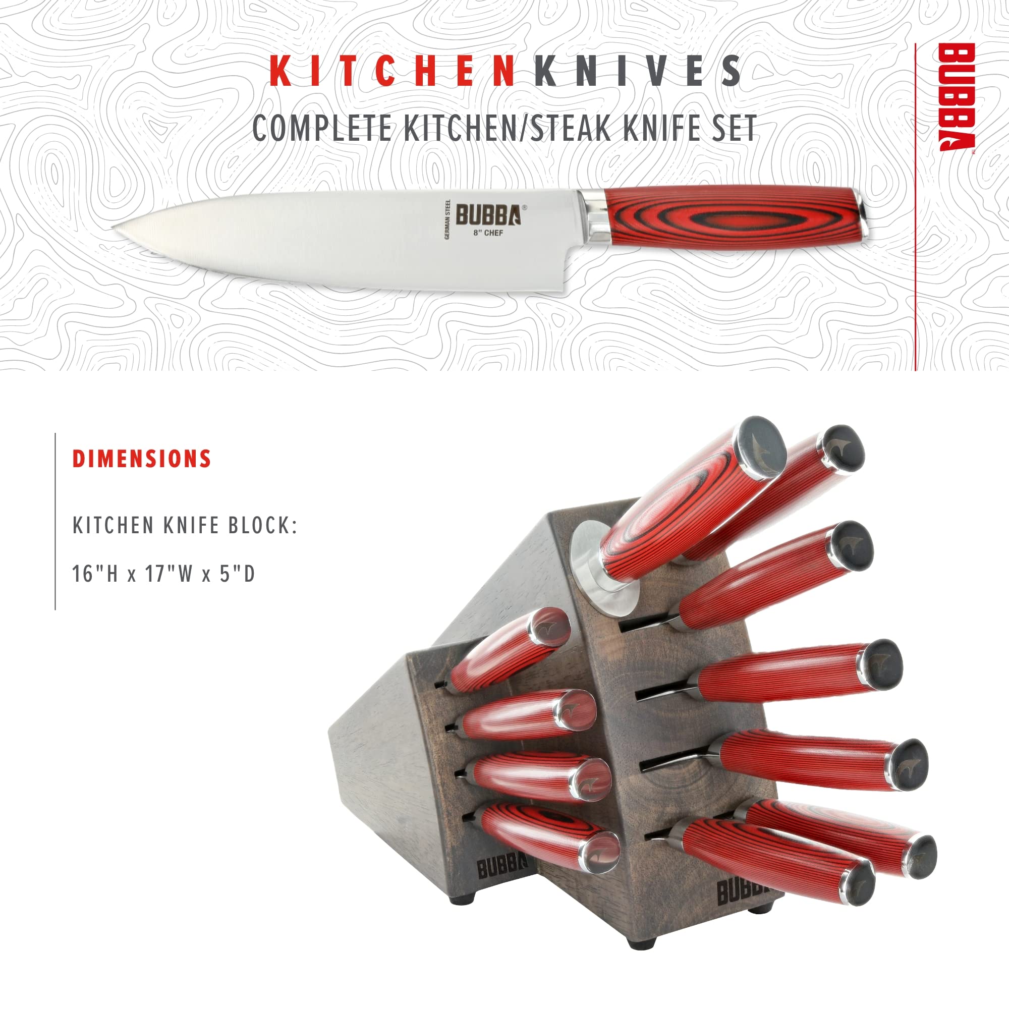 BUBBA Complete Kitchen and Steak Knife Set for all your kitchen cutting needs with G10 Handles, Premium German Stainless Steel and a Parawood Knife Block