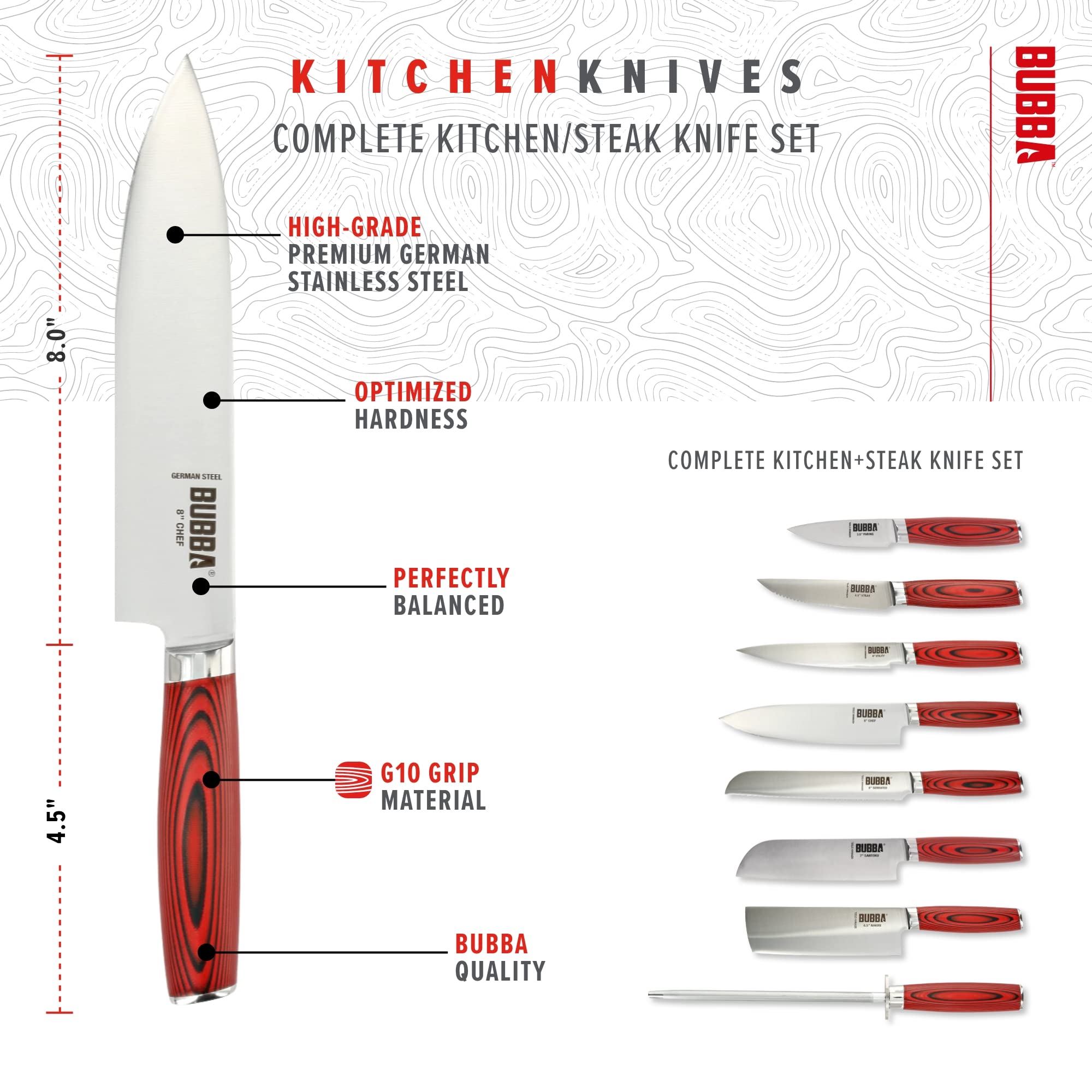 BUBBA Complete Kitchen and Steak Knife Set for all your kitchen cutting needs with G10 Handles, Premium German Stainless Steel and a Parawood Knife Block