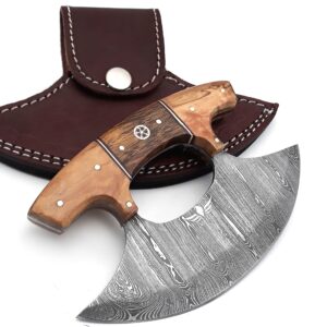 Lara Eagle Damascus Steel Ulu Knife, Celtic Knot Handle made of Exotic Rose Wood and Olive wood, 6 inch blade One-Handed Rocker Knife with Leather Sheath