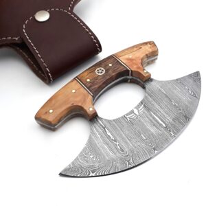 Lara Eagle Damascus Steel Ulu Knife, Celtic Knot Handle made of Exotic Rose Wood and Olive wood, 6 inch blade One-Handed Rocker Knife with Leather Sheath