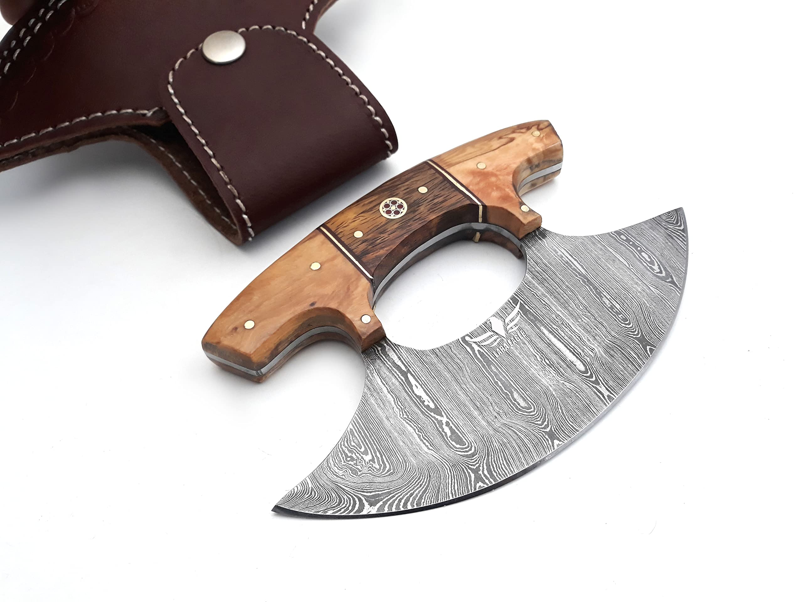 Lara Eagle Damascus Steel Ulu Knife, Celtic Knot Handle made of Exotic Rose Wood and Olive wood, 6 inch blade One-Handed Rocker Knife with Leather Sheath