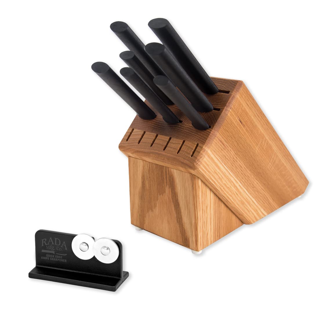 RADA Essential Oak Block Set of 8 Black Handled Knives With Knife Sharpener