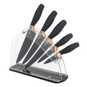 s & co. 6 pcs kitchen knife set with acrylic block - super-sharp steel knives with non-stick coating - chef, bread, carving, utility, paring knives - stylish cooking tools with black, rose gold handle