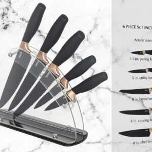 S & Co. 6 Pcs Kitchen Knife Set with Acrylic Block - Super-Sharp Steel Knives with Non-Stick Coating - Chef, Bread, Carving, Utility, Paring Knives - Stylish Cooking Tools with Black, Rose Gold Handle