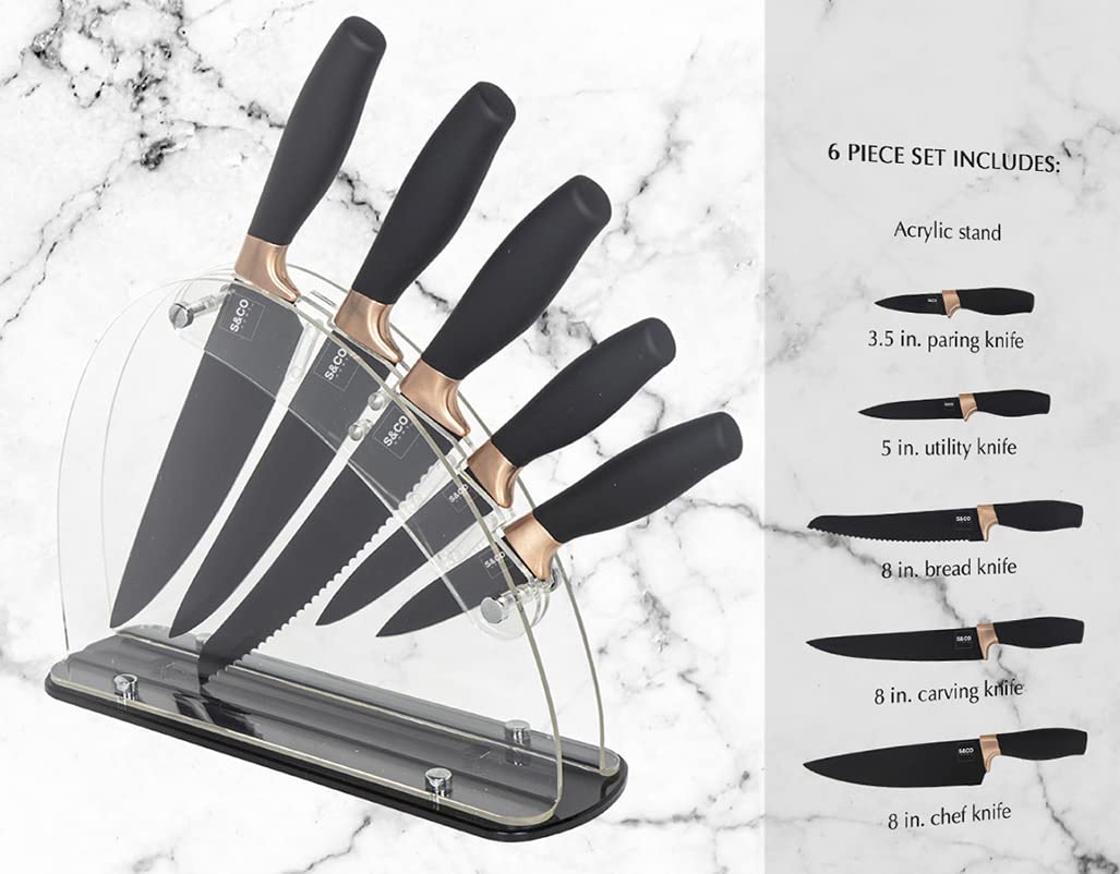 S & Co. 6 Pcs Kitchen Knife Set with Acrylic Block - Super-Sharp Steel Knives with Non-Stick Coating - Chef, Bread, Carving, Utility, Paring Knives - Stylish Cooking Tools with Black, Rose Gold Handle