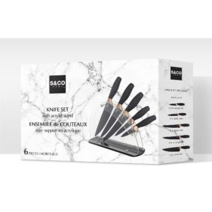 S & Co. 6 Pcs Kitchen Knife Set with Acrylic Block - Super-Sharp Steel Knives with Non-Stick Coating - Chef, Bread, Carving, Utility, Paring Knives - Stylish Cooking Tools with Black, Rose Gold Handle