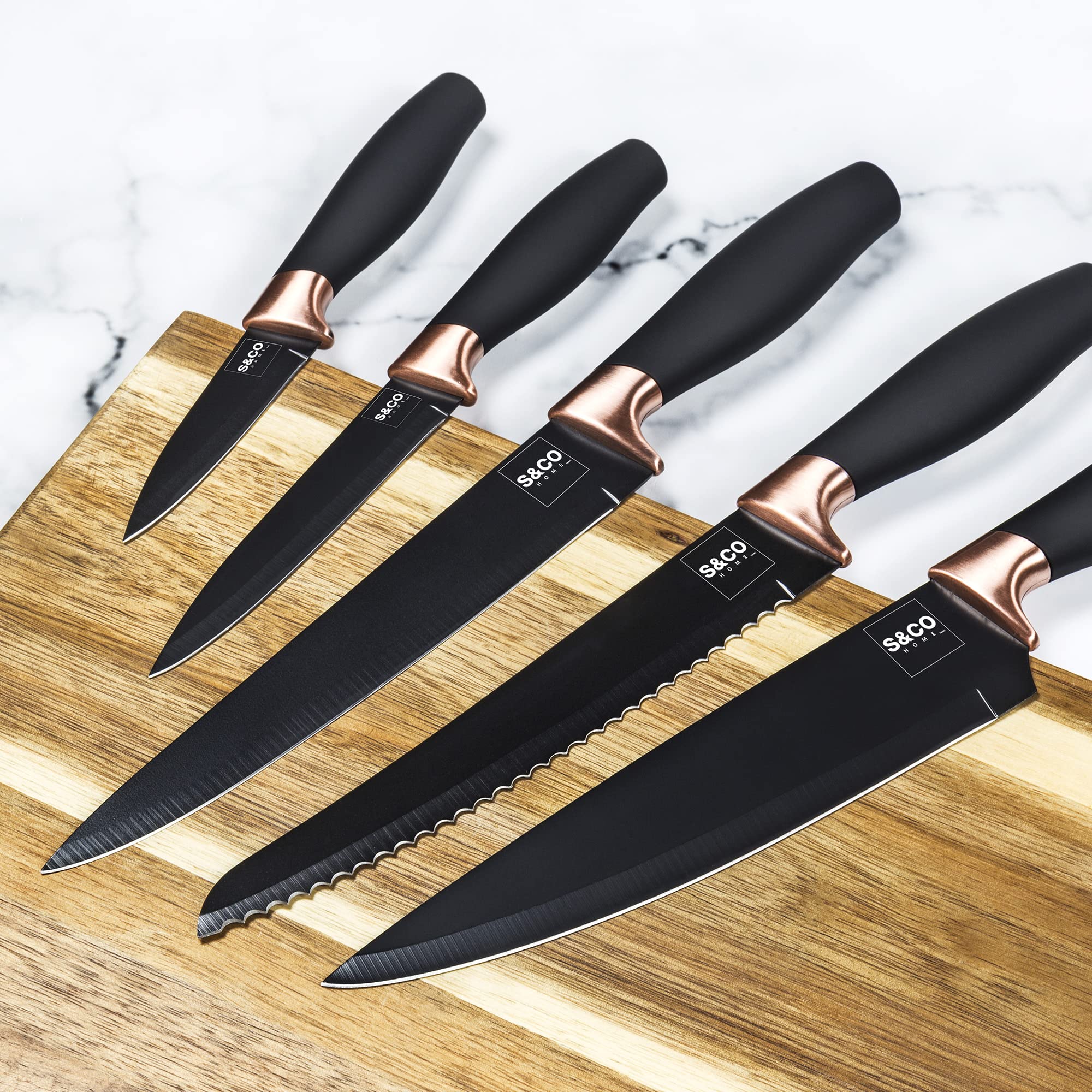 S & Co. 6 Pcs Kitchen Knife Set with Acrylic Block - Super-Sharp Steel Knives with Non-Stick Coating - Chef, Bread, Carving, Utility, Paring Knives - Stylish Cooking Tools with Black, Rose Gold Handle