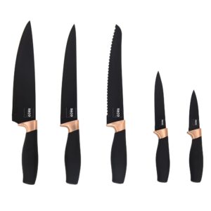 S & Co. 6 Pcs Kitchen Knife Set with Acrylic Block - Super-Sharp Steel Knives with Non-Stick Coating - Chef, Bread, Carving, Utility, Paring Knives - Stylish Cooking Tools with Black, Rose Gold Handle