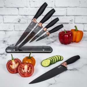 S & Co. 6 Pcs Kitchen Knife Set with Acrylic Block - Super-Sharp Steel Knives with Non-Stick Coating - Chef, Bread, Carving, Utility, Paring Knives - Stylish Cooking Tools with Black, Rose Gold Handle