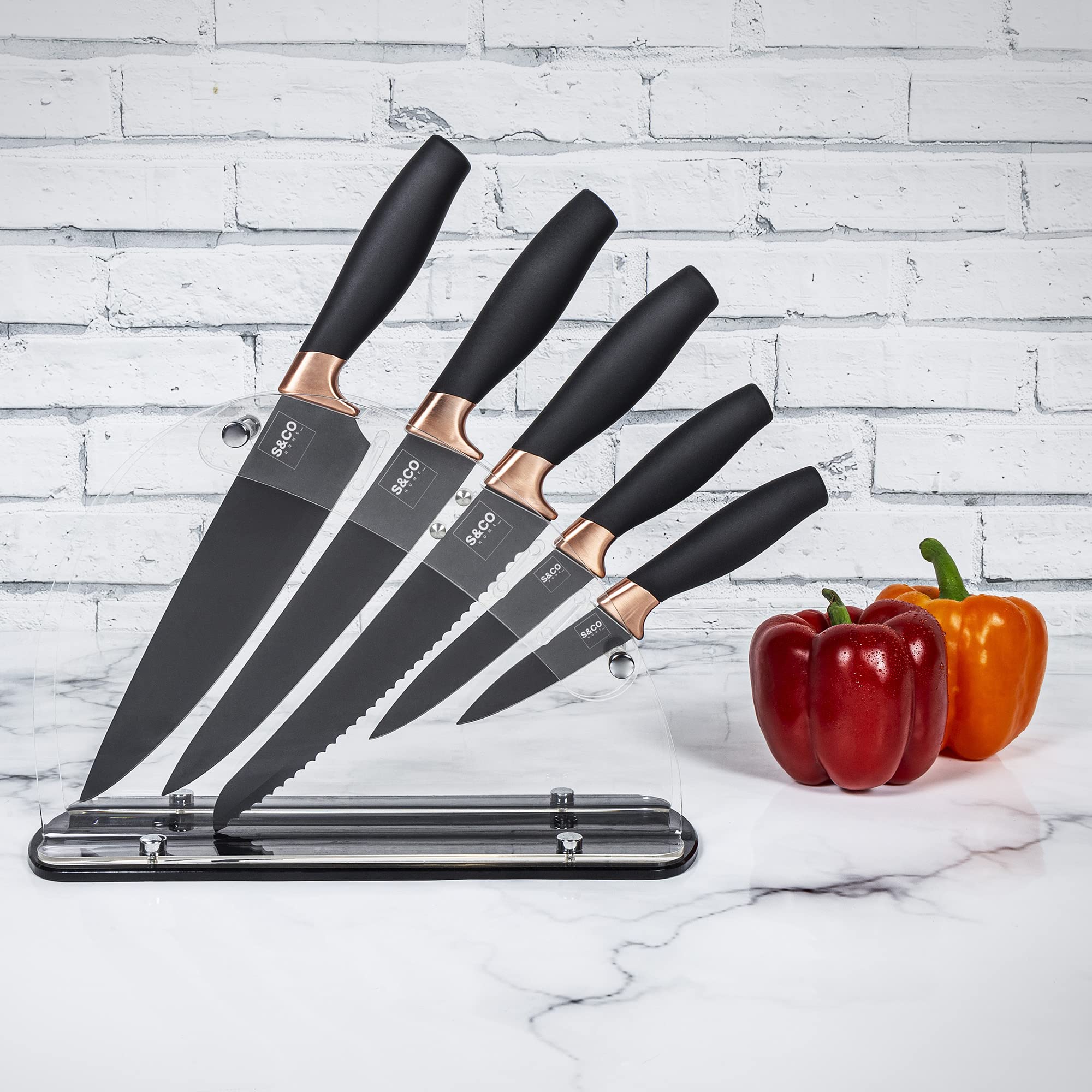 S & Co. 6 Pcs Kitchen Knife Set with Acrylic Block - Super-Sharp Steel Knives with Non-Stick Coating - Chef, Bread, Carving, Utility, Paring Knives - Stylish Cooking Tools with Black, Rose Gold Handle