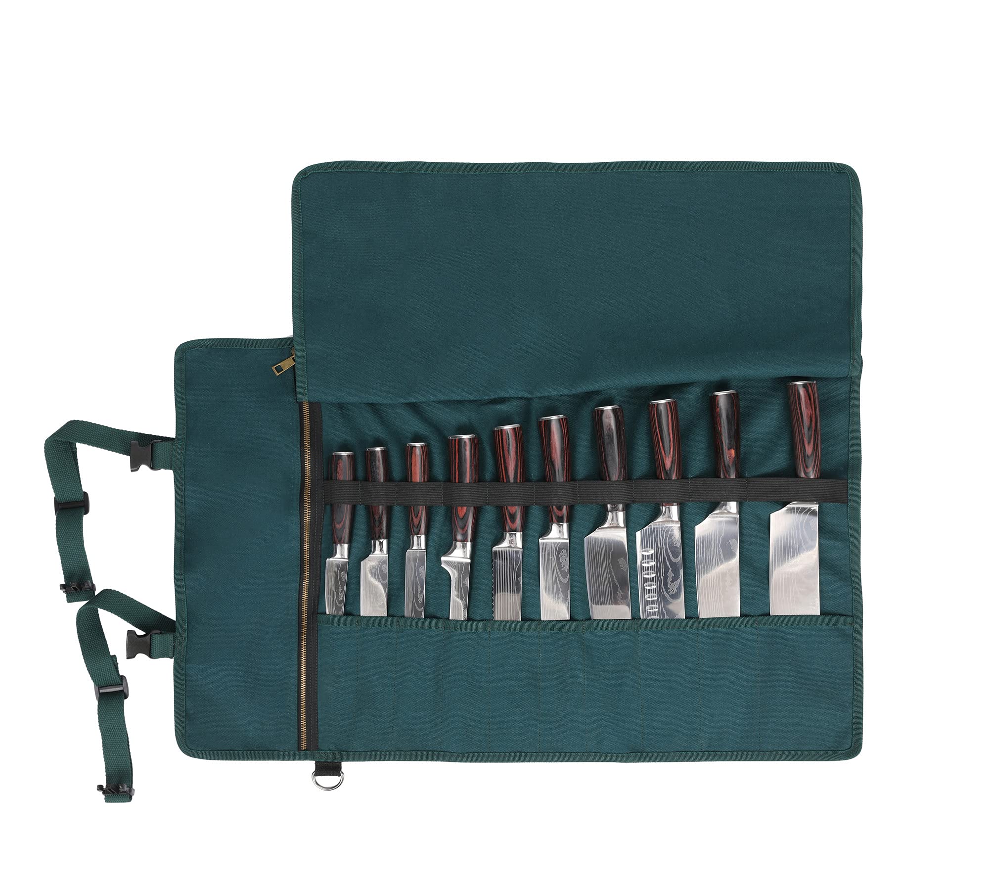 Heavy Duty Waxed Canvas, Multi-Purpose Knife Case With 11 Slots, Durable Handle, Elastic Band (Dark Green)