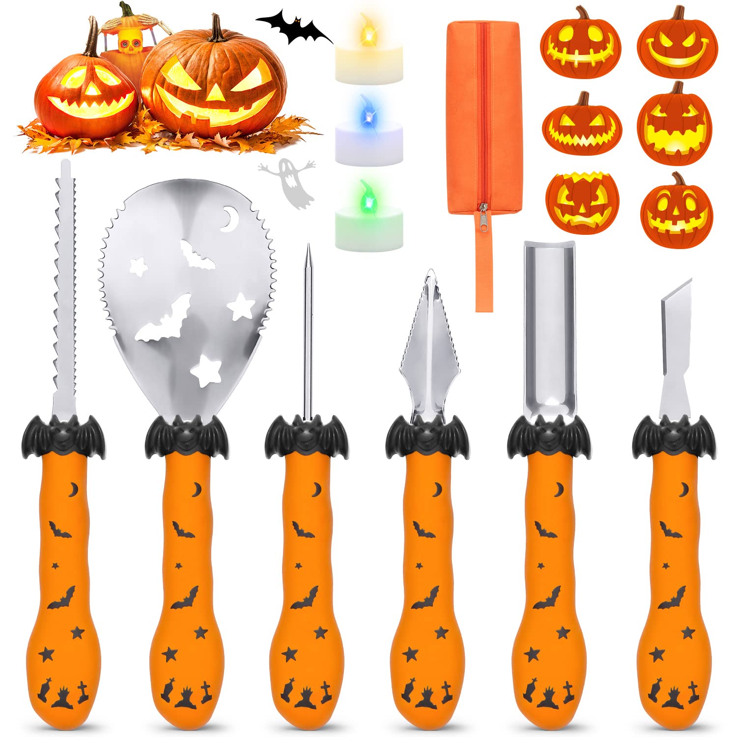 Luxby Halloween Pumpkin Carving Kit, Heavy Duty Stainless Steel Pumpkin Carving Tools Set, 6 PCS Professional Pumpkin Cutting Carving Stencils for Adults & Kids for Halloween Decoration Jack-O-Lantern