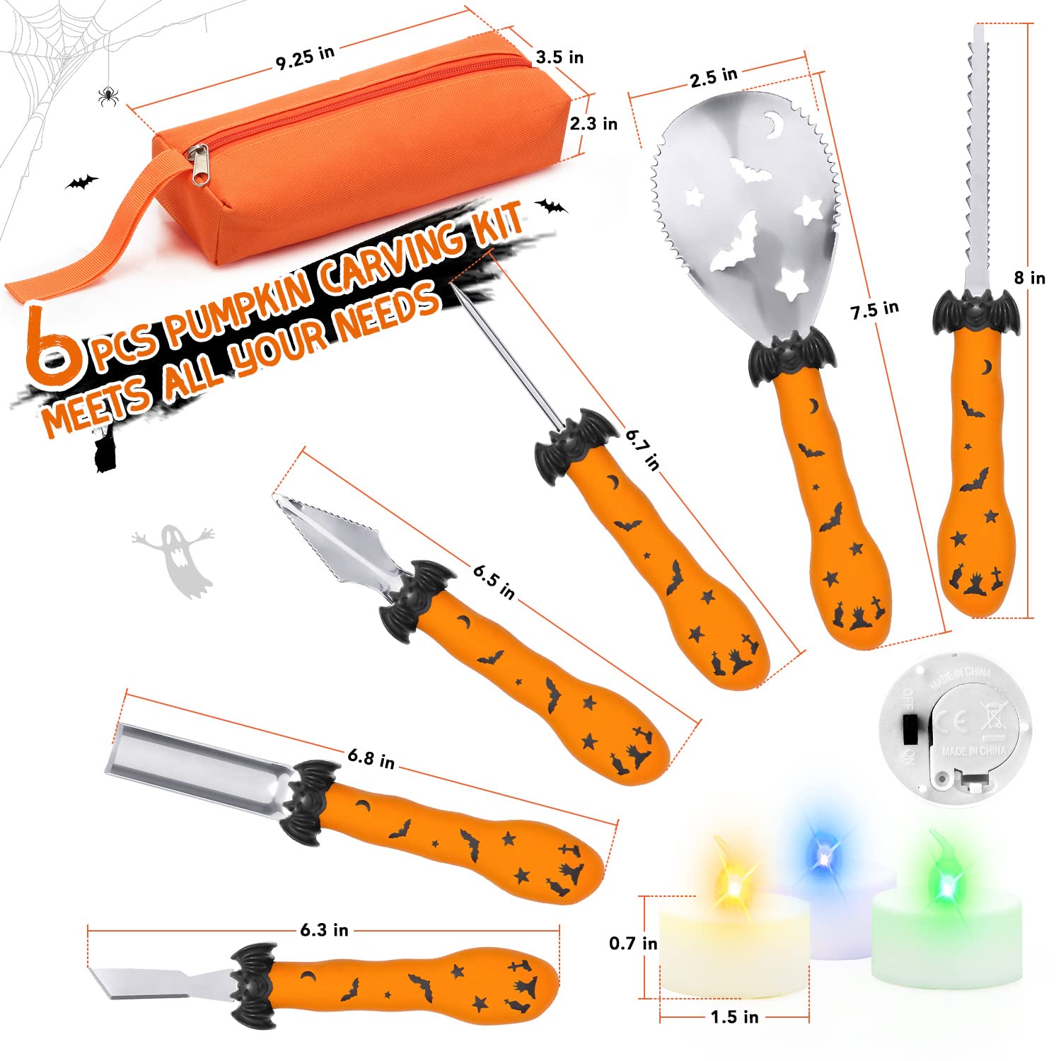 Luxby Halloween Pumpkin Carving Kit, Heavy Duty Stainless Steel Pumpkin Carving Tools Set, 6 PCS Professional Pumpkin Cutting Carving Stencils for Adults & Kids for Halloween Decoration Jack-O-Lantern