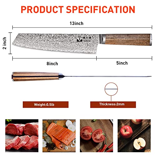 FUJUNI Kiritsuke Damascus Chef Knife 8 inch Kitchen VG-10 Damascus Super Steel 67-Layer Razor Sharp Kiritsuke Knife with Natural Wood Handle Gift Box for Home and Restaurant