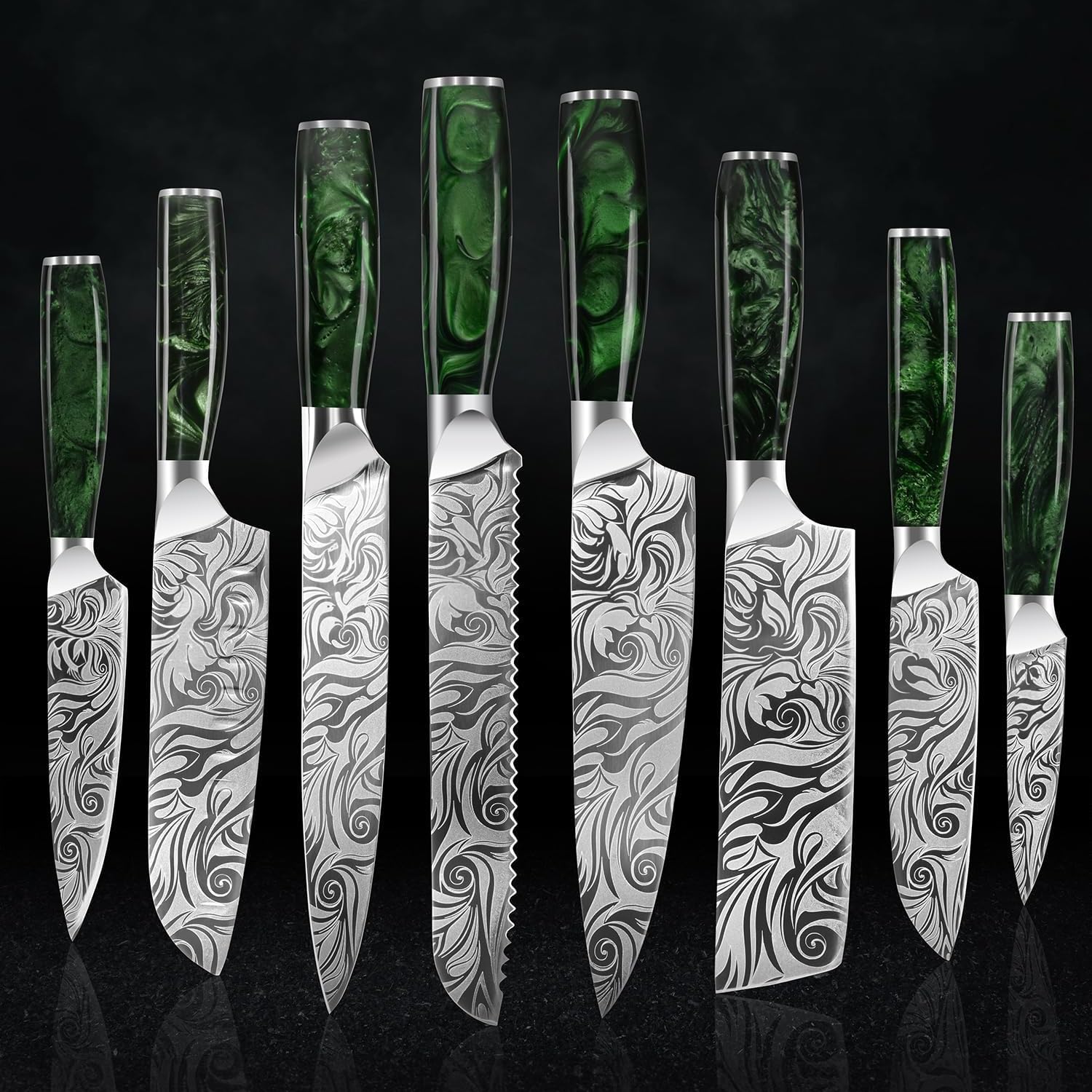 SENKEN Engraved Japanese Kitchen Knife Set with Beautiful Green Resin Wood Handles - Wasabi Collection - Chef's Knife, Bread Knife, Cleaver Knife, Paring Knife, & More (8-Piece Chef Knife Collection)