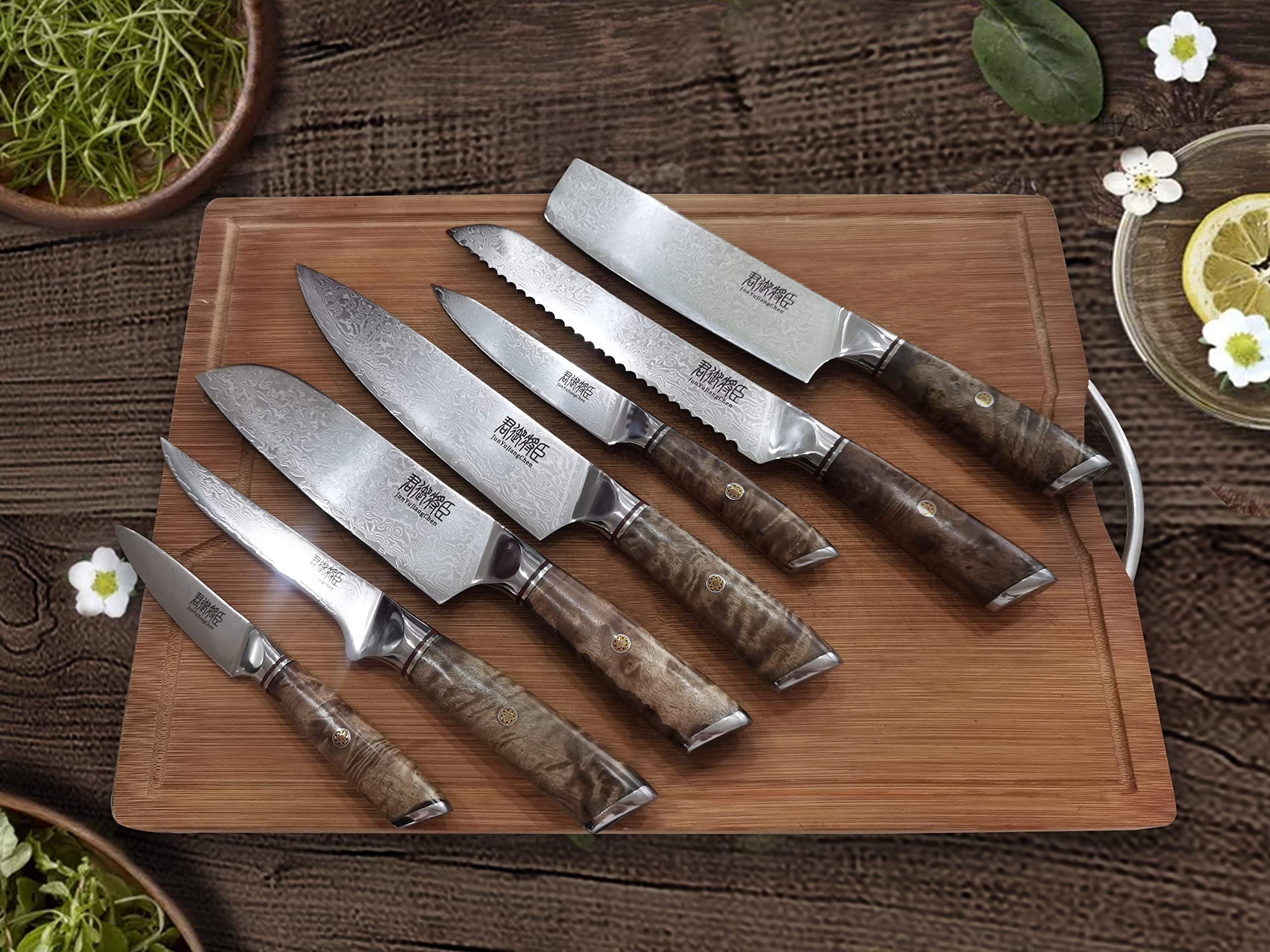 Kitchen Damascus Knife Set Japanese VG-10 Steel Knives Block Set Shadow Wood Handle for Chef Knife Set High Carbon Core Stainless Steel Full Tang Kitchen Knife Set with Block (8 Piece)