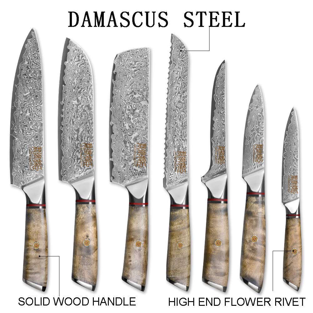 Kitchen Damascus Knife Set Japanese VG-10 Steel Knives Block Set Shadow Wood Handle for Chef Knife Set High Carbon Core Stainless Steel Full Tang Kitchen Knife Set with Block (8 Piece)