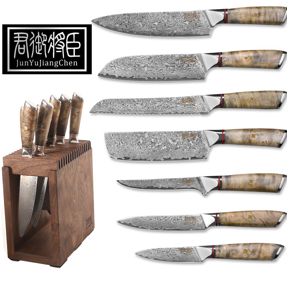 Kitchen Damascus Knife Set Japanese VG-10 Steel Knives Block Set Shadow Wood Handle for Chef Knife Set High Carbon Core Stainless Steel Full Tang Kitchen Knife Set with Block (8 Piece)