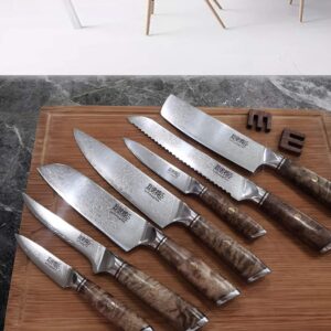 Kitchen Damascus Knife Set Japanese VG-10 Steel Knives Block Set Shadow Wood Handle for Chef Knife Set High Carbon Core Stainless Steel Full Tang Kitchen Knife Set with Block (8 Piece)