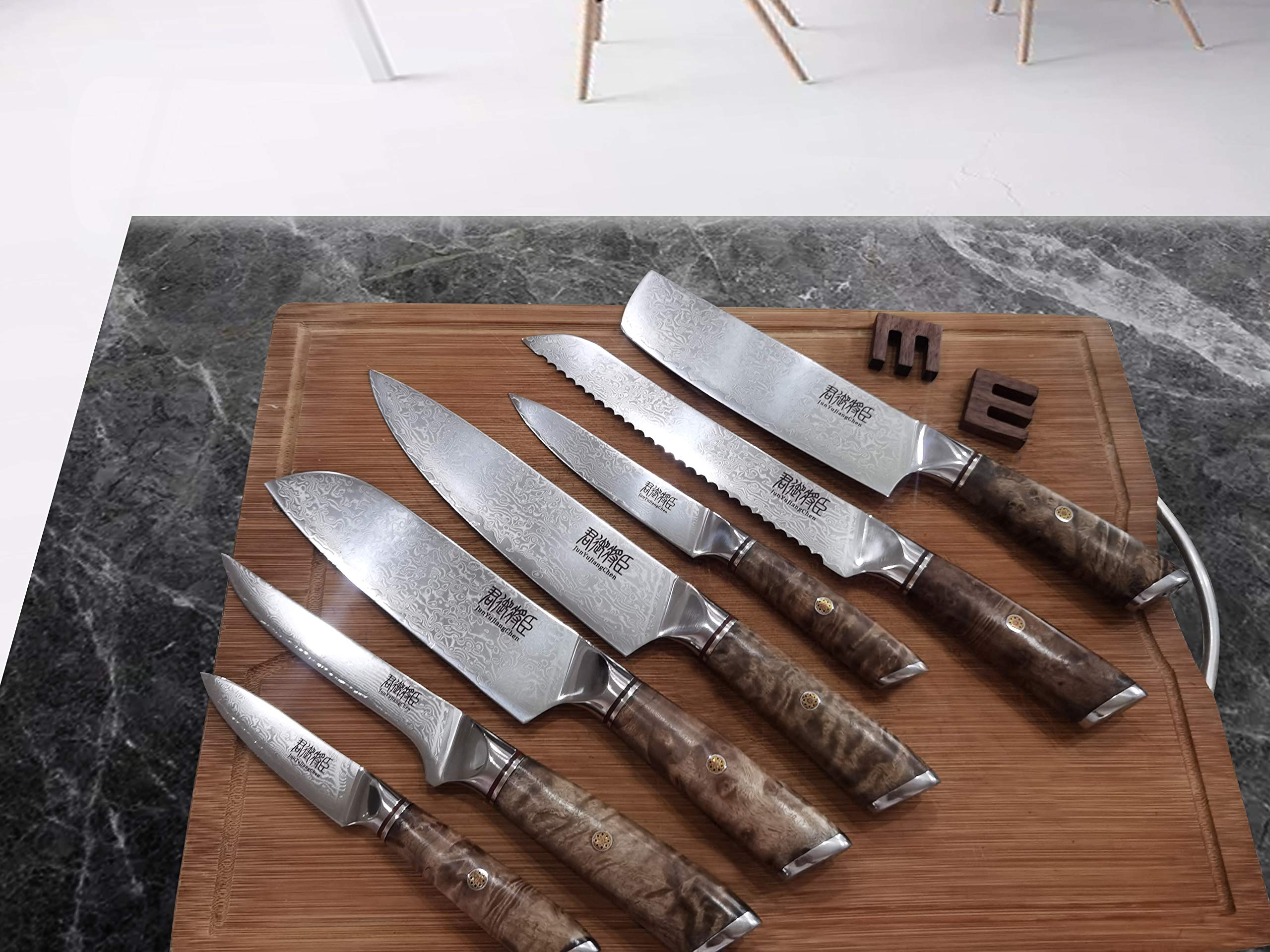 Kitchen Damascus Knife Set Japanese VG-10 Steel Knives Block Set Shadow Wood Handle for Chef Knife Set High Carbon Core Stainless Steel Full Tang Kitchen Knife Set with Block (8 Piece)