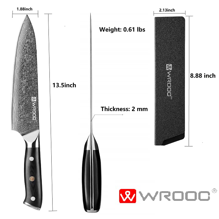 WROOC [NEW] Razor Sharp Chef Knife, 67 layers Damascus, 8 inch Kitchen knives with Military grade G10 Handle, Japanese steel super sharp, Superb Edge Retention, Stain & Corrosion Resistant