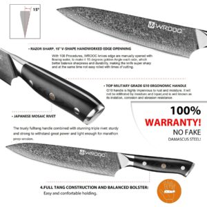 WROOC [NEW] Razor Sharp Chef Knife, 67 layers Damascus, 8 inch Kitchen knives with Military grade G10 Handle, Japanese steel super sharp, Superb Edge Retention, Stain & Corrosion Resistant