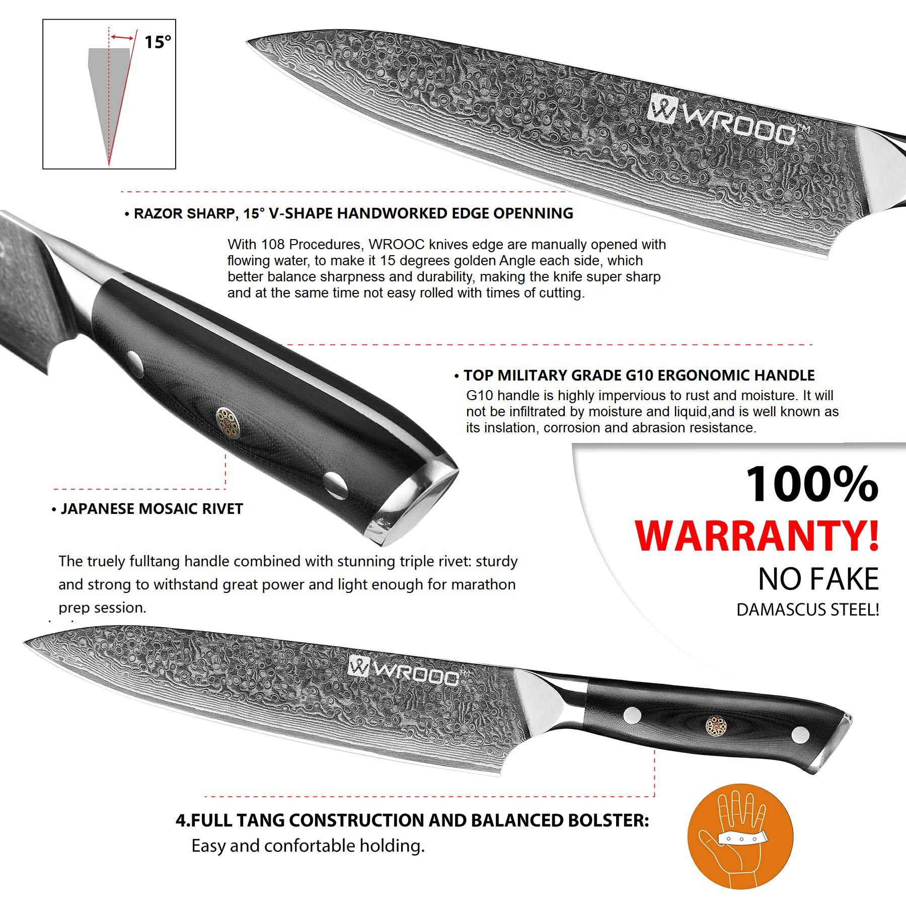 WROOC [NEW] Razor Sharp Chef Knife, 67 layers Damascus, 8 inch Kitchen knives with Military grade G10 Handle, Japanese steel super sharp, Superb Edge Retention, Stain & Corrosion Resistant